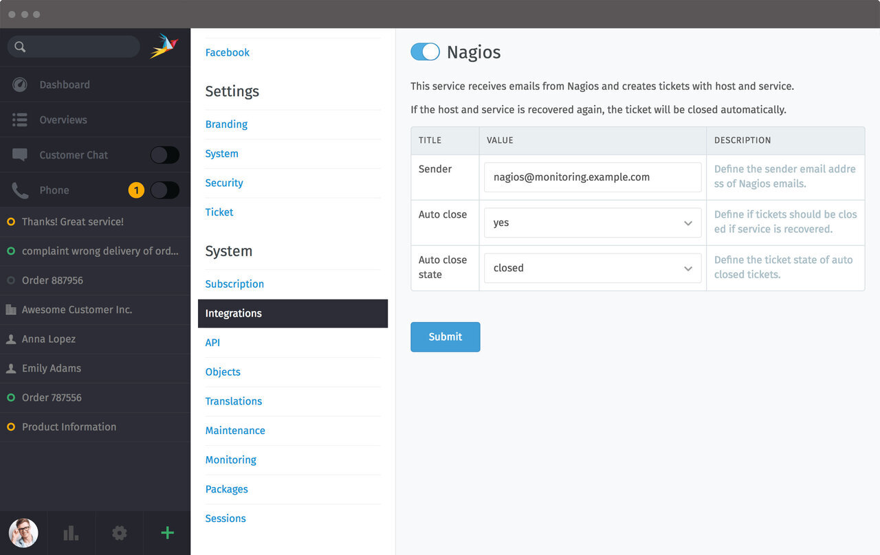 Nagios Integration | Zammad Features