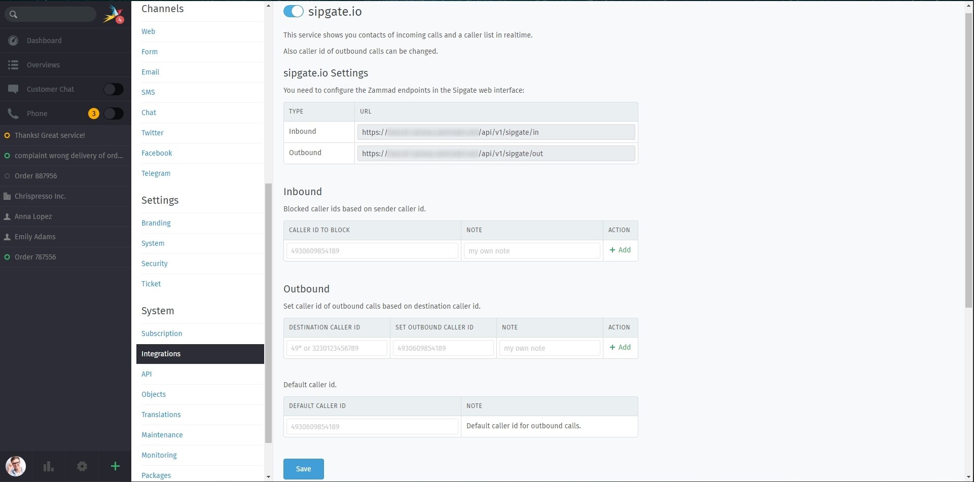Sipgate Integration | Zammad Features